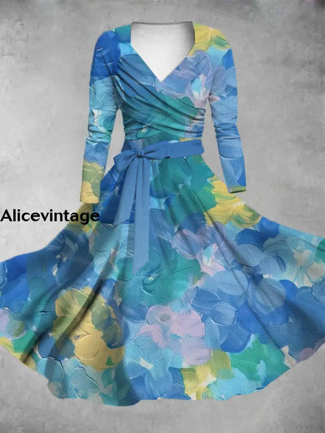 Abstract Color Art Print Vintage V-Neck Long Sleeve Lace Up Midi Dress ...