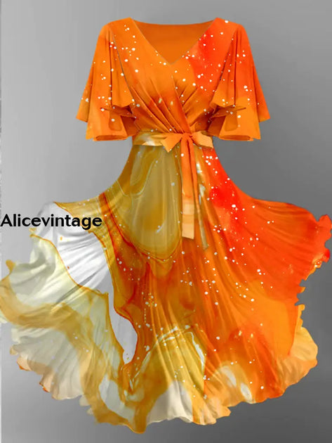 Abstract Color Print V-Neck Vintage Chic Short Sleeve Midi Dress ...