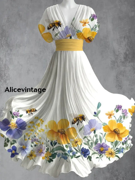 Bee Floral Art Print V-Neck Short Sleeve Retro Dress – alicevintage