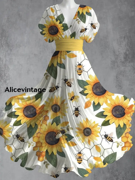 Bee Floral Art Print V-Neck Short Sleeve Retro Dress – alicevintage