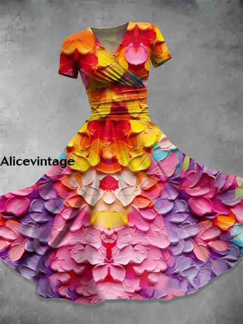 Colorful Oil Painting Print V-Neck Short Sleeve Fashion Midi Dress ...