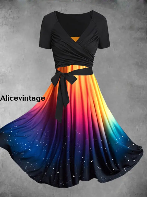 Colorful Rainbow Print V-Neck Short Sleeve Retro Midi Dress – alicevintage