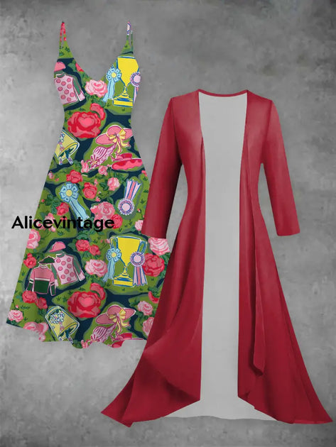 Derby Art Print Vintage Elegant Suspender Dress Two Piece Sets ...