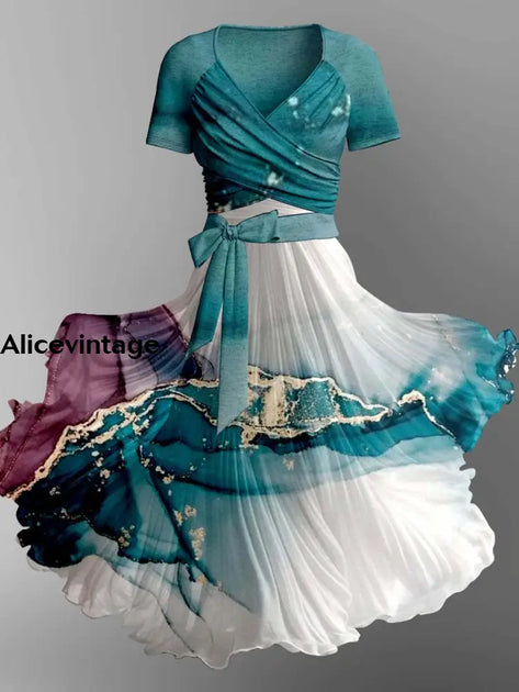 Elegant Abstract Art Print V-Neck Short Sleeve Midi Dress – alicevintage