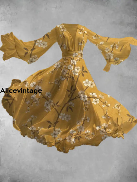 Floral Art Print Vintage V-Neck Long Sleeve Flowy Midi Dress – alicevintage