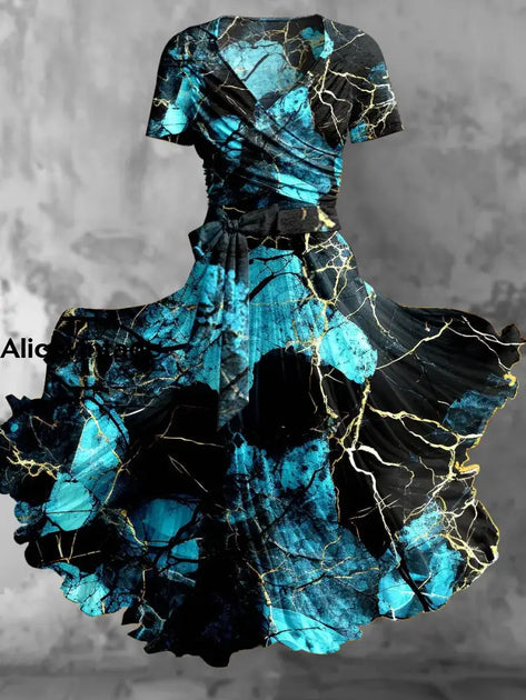 Marble Art Print Vintage V-Neck Short Sleeve Two-Piece Midi Dress ...