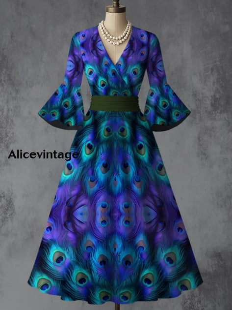 Peacock Feather Art Print V-Neck Flare Sleeve Vintage Elegant Dress ...