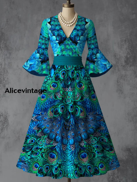 Peacock Feather Art Print V-Neck Flare Sleeve Vintage Elegant Dress ...