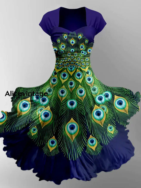 Peacock Feather Art Print V-Neck Vintage Chic Short Sleeve Midi Dress ...