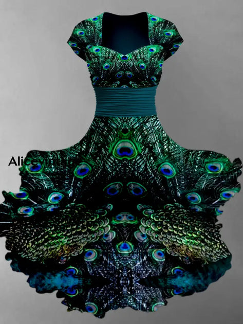 Peacock Feather Print V-Neck Vintage Chic Short Sleeve Midi Dress ...