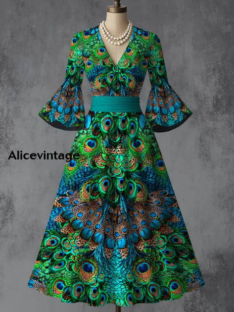 Peacock Feather Art Print V-Neck Flare Sleeve Vintage Elegant Dress ...
