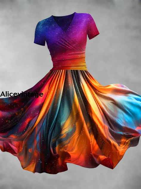 Rainbow Starlight Printed V-Neck 50s Vintage Fashion Short Sleeve Midi ...