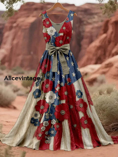 Retro American Flag Boho Floral Art Print V-Neck Sleeveless Cotton Max ...