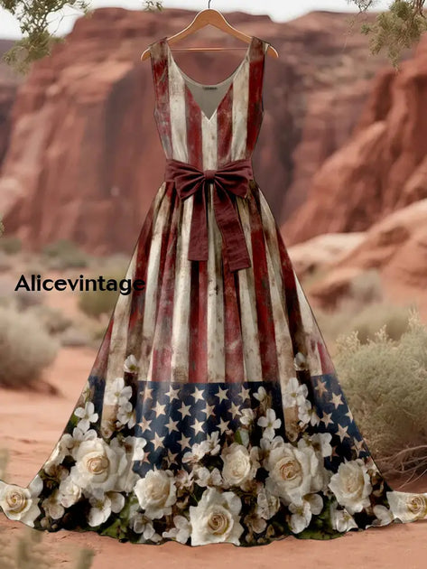 Retro American Flag Boho Floral Art Print V-Neck Sleeveless Cotton Max ...