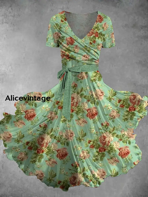 Retro Bohemian Style Floral Art Print V-Neck Short-Sleeved Two-Piece M ...