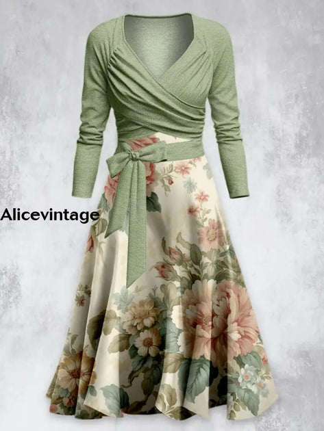 Retro Floral Printed Vintage Cross Fold Long Sleeve Two-Piece Midi Dre ...