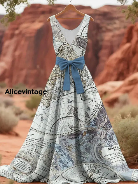 Retro Map Art Print V-Neck Sleeveless Cotton Maxi Dress – alicevintage