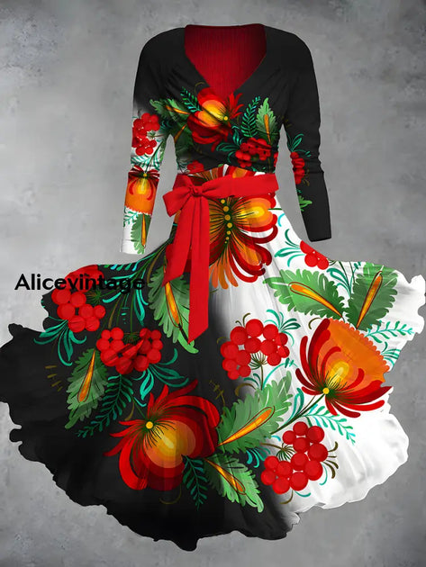 Retro Mexican Floral Print V-Neck Elegant Chic Midi Two-Piece Long Sle ...