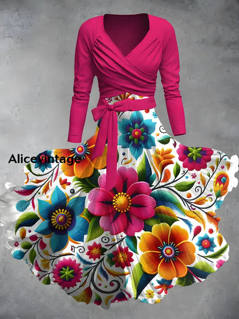 Retro Mexican Floral Print V-Neck Elegant Chic Midi Two-Piece Long Sle ...