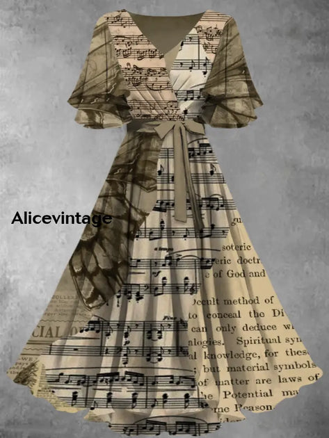 Retro Music Note Art Print V-Neck Vintage Chic Short Sleeve Midi Dress ...