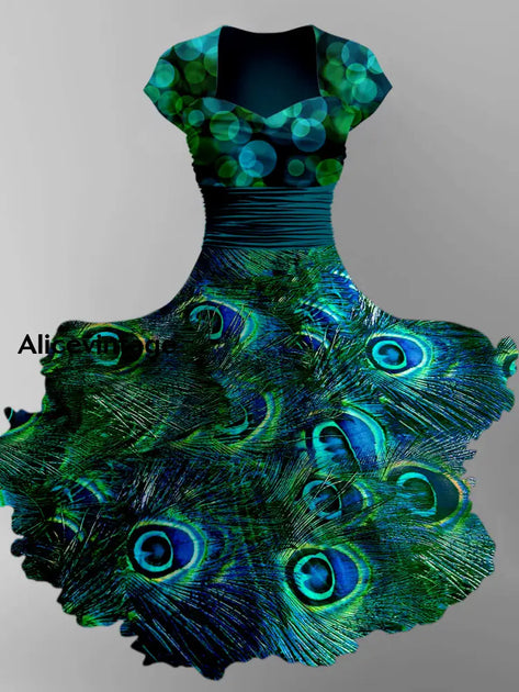 Peacock Feather Art Print V-Neck Vintage Chic Short Sleeve Midi Dress ...