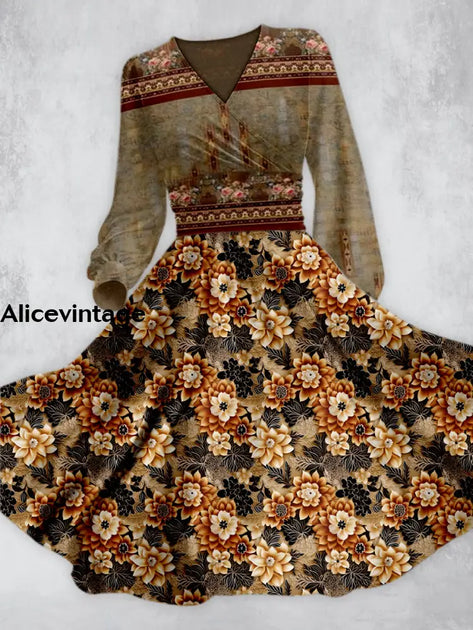 Retro Western Floral Print V-Neck Vintage Long Sleeve Midi Dress ...