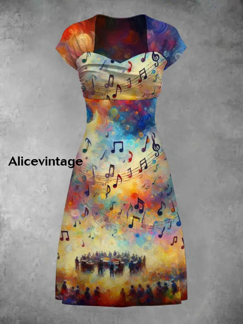 Music Note Art Print Short Sleeve Vintage Elegant Midi Dress – alicevintage