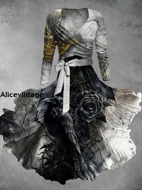 Vintage Crow Art Print V-Neck Long Sleeve Two Piece Midi Dress ...