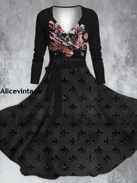 Vintage Punk Flowers Skull Printed V-Neck Long Sleeve Straps Fashion M ...