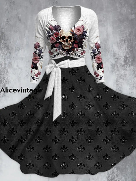 Vintage Punk Rose Skull Print V-Neck Long Sleeve Straps Fashion Midi D ...
