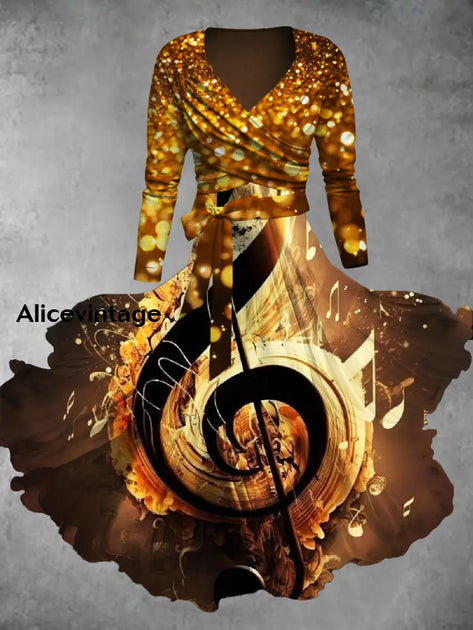 Music Note Art Print V-Neck Vintage Long Sleeve Two-Piece Midi Dress ...