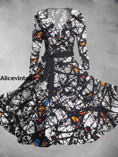 Abstract Art Print Vintage V-Neck Long Sleeve Two Piece Midi Dress ...