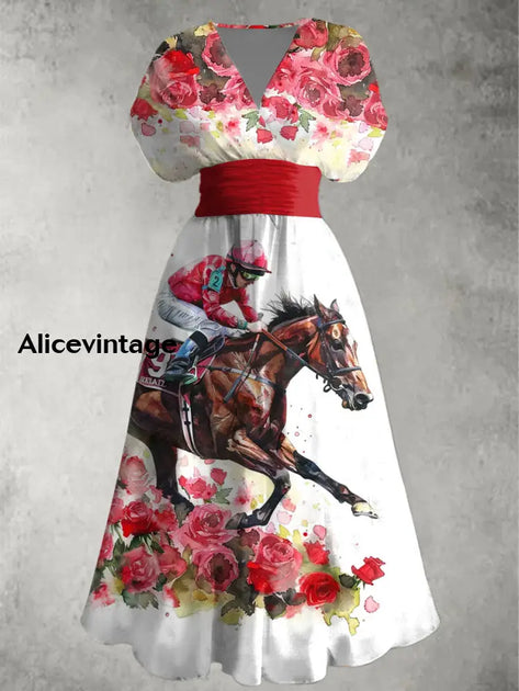 Derby Rose Art Print V-Neck Short Sleeve Vintage Midi Dress Derby Dres ...