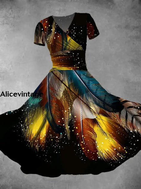Feather Print V-Neck Short Sleeve Vintage Midi Dress – alicevintage