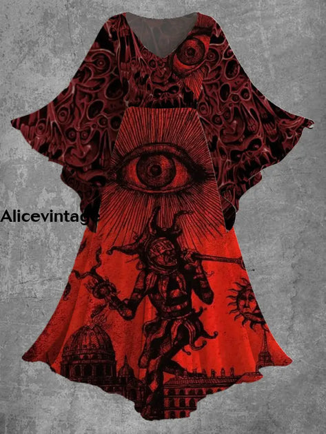 Women's Fashion Halloween Horror Art Print Bat Sleeve V Neck Maxi Dres ...
