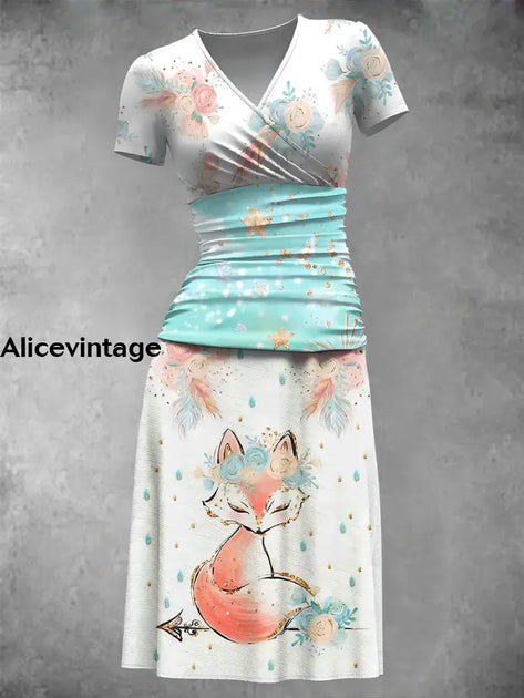 Women's Vintage Fox Art Print V-Neck Midi Dress – alicevintage